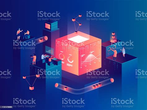 차트와 상호 작용 하 고 통계를 분석 하는 사람들 데이터 시각화 개념입니다 3d 아이소메트릭 벡터 일러스트입니다 테크놀로지에