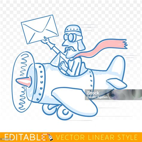 빠른 메일입니다 비행기로 빠른 납품입니다 특급 배송입니다 재미 있는 공기 우편 배달 부 편집 가능한 스케치 블루 잉크 스타일에 풍자 만화입니다 손으로 그린 낙서 벡터