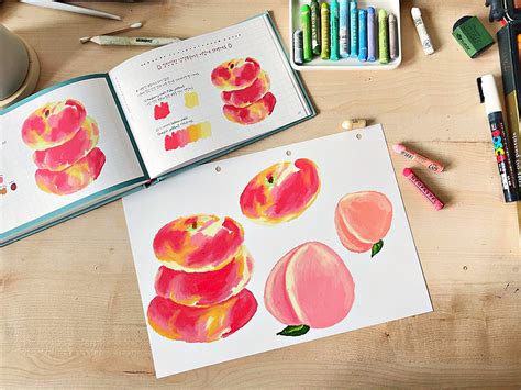 납작 복숭아와 복숭아 오일파스텔 그림