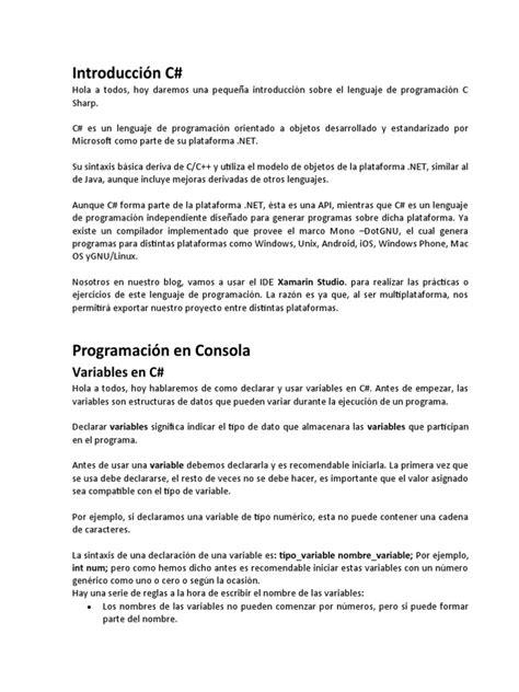 01 Introducción C Pdf C Sharp Lenguaje De Programación Net