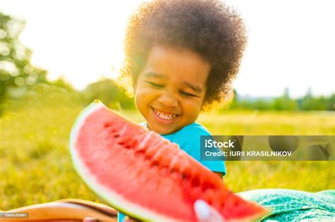 다문화 멕스캔 작은 곱슬 곱슬 곱슬 머리 먹는 달콤한 빨간 수박 에 공원에서 피크닉 공원에 대한 스톡 사진 및 기타 이미지 공원 먹기 미소 Istock