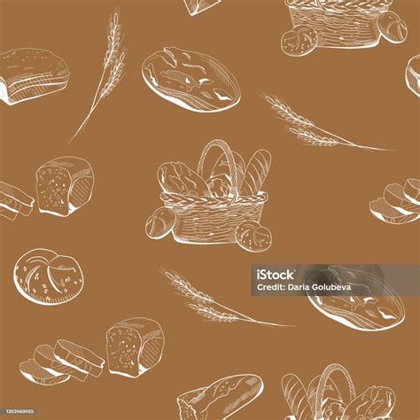 빵과 베이커리 스위니브 스타일 밀의 귀와 빵 프렌치 빵 바게트가 있는 고리버들 바구니 메뉴 장식 농민 시장 빵굽기에 대한 스톡 벡터 아트 및 기타 이미지 Istock