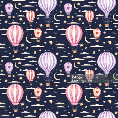 수채화 매끄러운 패턴 풍선 달 구름과 별 어린이 방에 대한 아이디어 베이비 샤워 파티 요소 초대장 인쇄 엽서 직물 포장지 벽지에 적합 0명에 대한 스톡 벡터 아트 및 기타