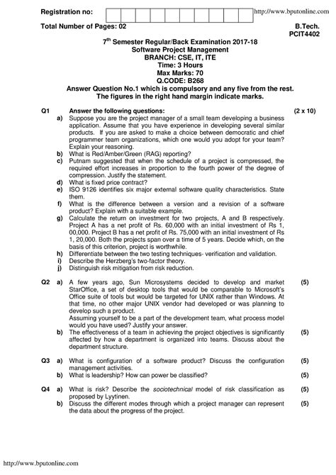 Btech Cse It Ite 7 Sem Software Project Management Pcit4402 2018 Registration No Total Number