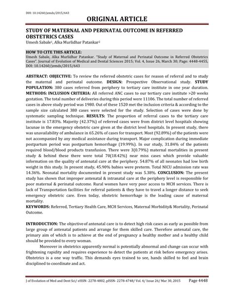 Pdf Study Of Maternal And Perinatal Outcome In Referred Obstetrics Cases