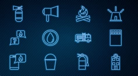 세트 라인 의료 병원 건물 오픈 매치 박스 및 일치 캠프 파이어 물 드롭 긴급 전화 와 전화 911 소화기 트럭과 메가 폰 아이콘 벡터 건강 진단에 대한 스톡 벡터 아트 및