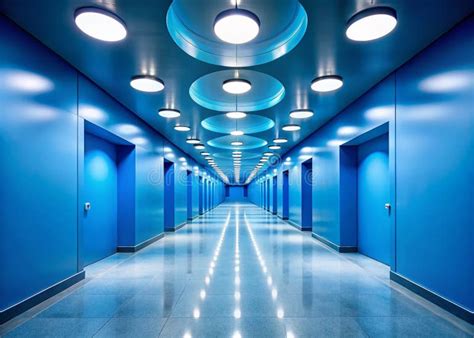 Stunning Modern Blue Corridor Sleek Design With Circular Ceiling Lights Creates A Sophisticated