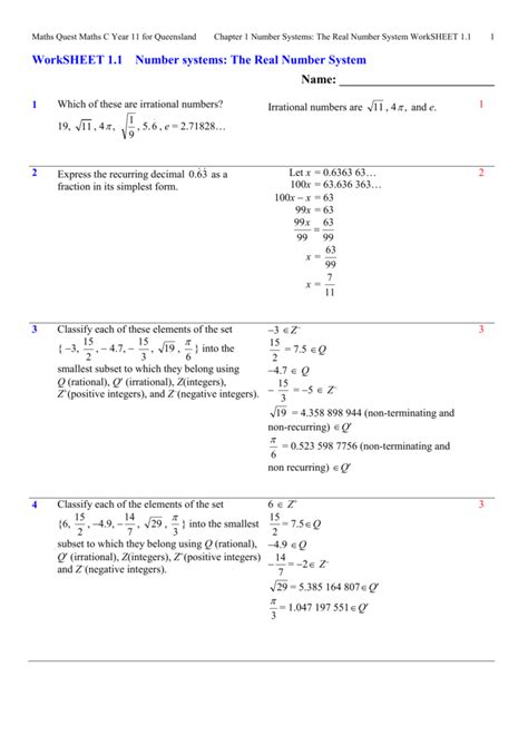 subsets of real numbers worksheets printable pdf template