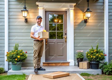 Friendly Delivery Man Placing Parcel At Doorstep With A Smile Premium