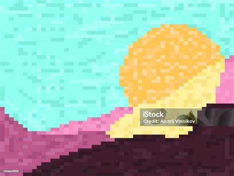 산과 태양픽셀 풍경 픽셀 아트 스타일로 산 위로 일출 2d에서 90 년대의 복고풍 8 비트 비디오 게임 벡터 일러스트레이션