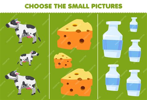 어린이를 위한 교육 게임은 귀여운 만화 소 치즈 우유 병 인쇄용 농장 워크시트의 작은 그림을 선택합니다 프리미엄 벡터