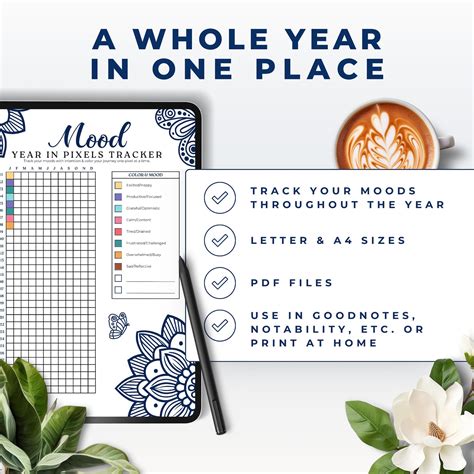Navy Blue Year In Pixels Tracker Printable Mood Journal Planner