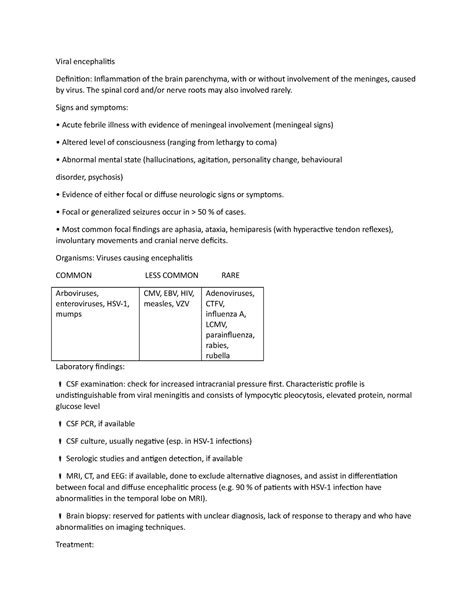 Viral Encephalitis Lecture Notes 1 And 2 Viral Encephalitis