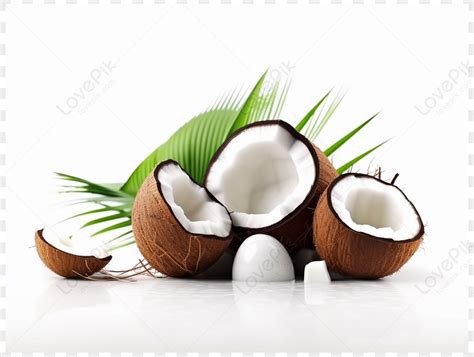 흰색 배경에 잎이 있는 코코넛 껍질에 있는 코코넛의 3d 렌더링 Png 일러스트 무료 다운로드 Lovepik