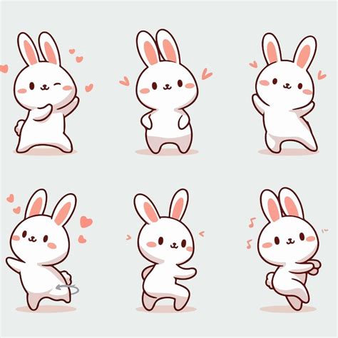 만화 터 스타일의 춤추는 토끼 세트의 일러스트레이션 프리미엄 벡터