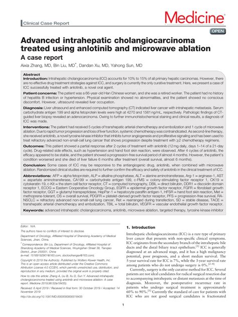 Pdf Advanced Intrahepatic Cholangiocarcinoma Treated Using Anlotinib And Microwave Ablation A