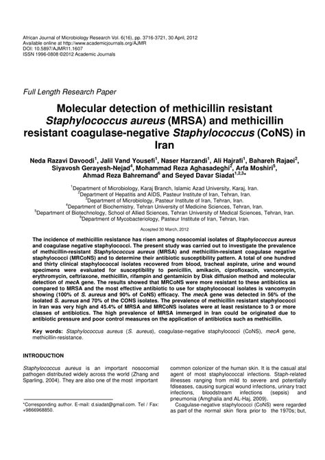 Pdf Molecular Detection Of Methicillin Resistant Staphylococcus