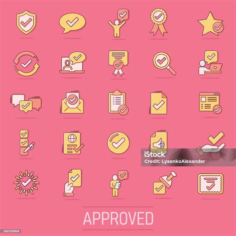 만화 스타일로 설정된 아이콘을 승인합니다 고립 된 배경에 만화 벡터 일러스트 레이 션을 확인 표시하십시오 진드기는 스플래시 효과 사업 개념을 받아들였습니다 검사 보기에 대한