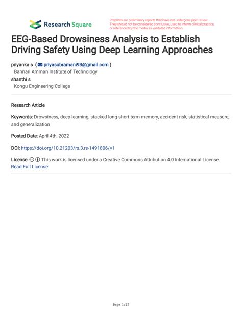 PDF EEG Based Drowsiness Analysis To Establish Driving Safety Using Deep Learning Approaches