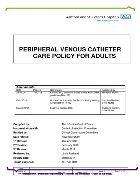 2714peripheral Venous Catheter Care Policy For Adults Intravenous