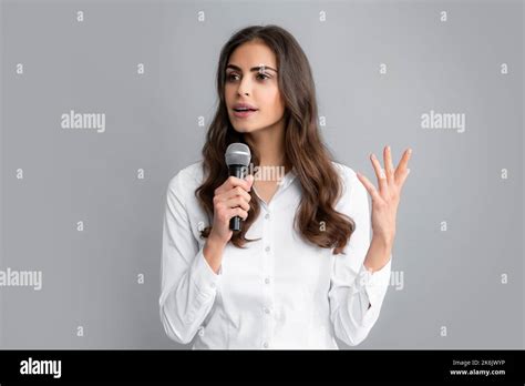 Beautiful Business Woman Is Speaking On Conference Young Business Woman Talking With Mic Woman