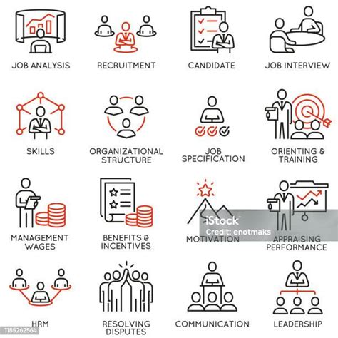 참여 직원 채용 조직 구조 인적 자원 관리와 관련된 선형 아이콘의 벡터 집합입니다 모노 라인 픽토그램 및 인포그래픽 디자인 요소 인적 자원에 대한 스톡 벡터 아트 및 기타
