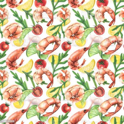 Arugula 레몬 석회 체리 토마토 계란과 함께 다양한 삶은 새우 수채화 그림입니다 Shrimp 컬렉션의 흰색 배경에 매끄러운 패턴 디자인 및 디자인 갑각류에 대한 스톡