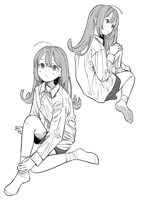Safebooru 1girl Ahoge Blush Flipped Hair Full Body Greyscale Hand On Own Knee Highres Inushima