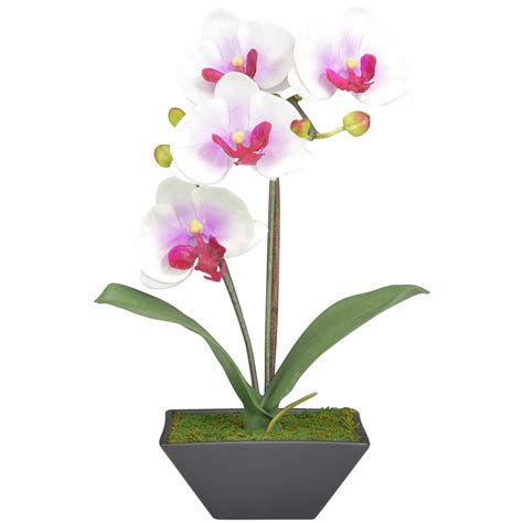 Orientalfineart ดอกกล้วยไม้ประดิษฐ์ ดอกกล้วยไม้ฟาแลนนอปซิสปลอม จัดในกระถางเซรามิก สำหรับประดับตก