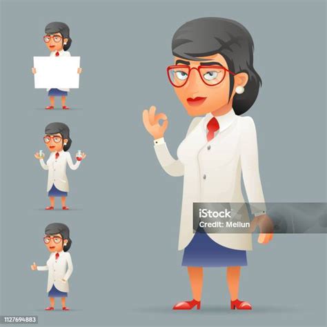 여자 교수 전문가 과학자 천재 캐릭터 아이콘 설정 복고 만화 디자인 벡터 일러스트 레이 션 건강 진단에 대한 스톡 벡터 아트 및