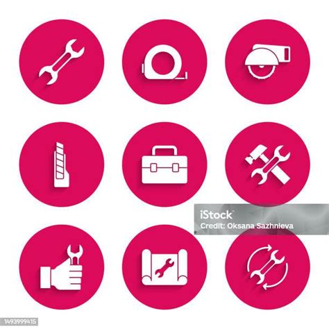 도구 상자 그래프 용지 및 렌치 렌치 화살표를 워크플로로 설정 망치 스패너 편지지 칼 전기 원형 톱 및 아이콘으로 설정합니다 벡터 건설 기계류에 대한 스톡 벡터 아트 및