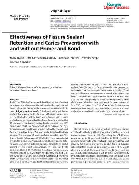 Pdf Effectiveness Of Fissure Sealant Retention And Caries Prevention With And Without Primer