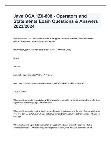 Java Oca 1z0 808 Operators And Statements Exam Questions And Answers