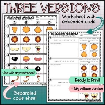 Polynomial Operations Add Subtract Multiply Coded Drawing Coloring Activity