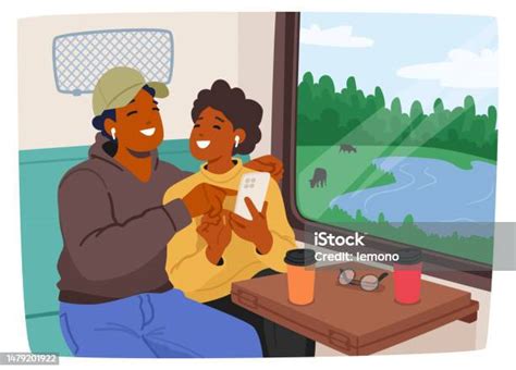 ชายหนุ่มและหญิงคู่นั่งอยู่ในตู้รถไฟสนทนามองในหน้าจอมาร์ทโฟนการ์ตูนภาพประกอบเวกเตอร์ ภาพประกอบ