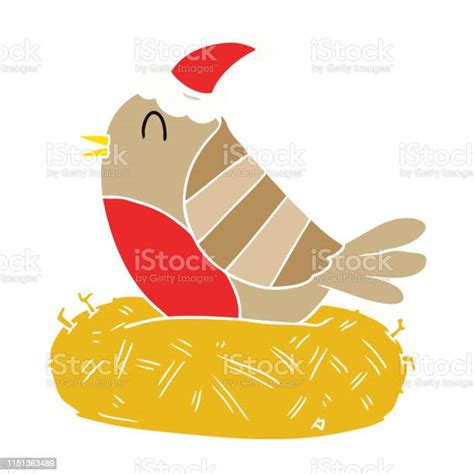 산타 모자를 착용 한 둥지 위에 앉아있는 새의 평면 컬러 그림 귀여운에 대한 스톡 벡터 아트 및 기타 이미지 귀여운 낙서