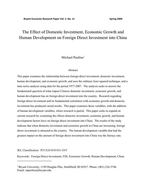 Pdf The Effect Of Domestic Investment Economic Growth And Human Development On Foreign Direct