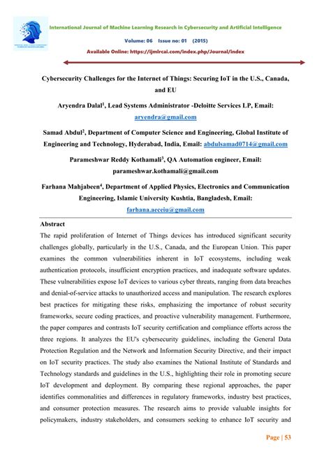 Pdf Cybersecurity Challenges For The Internet Of Things Securing Iot In The U S Canada And Eu