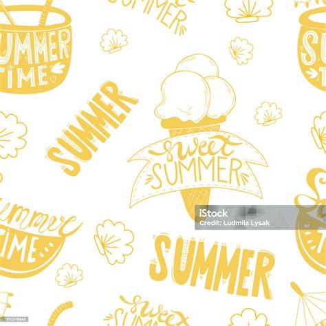 원활한 여름 벡터 패턴 수박 칵테일 및 아이스크림 조각과 비문 달콤한 여름과 여름 조개와 함께 흰색 배경에 시간 디자인 장식 인쇄 벽지 가리기에 대한 스톡 벡터 아트 및