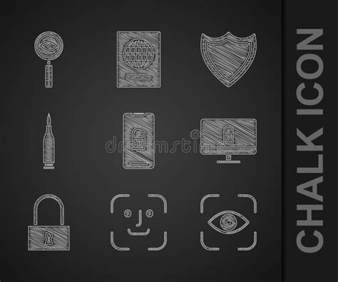 Set Mobile With Closed Padlock Face Recognition Eye Scan Lock Computer Monitor Bullet