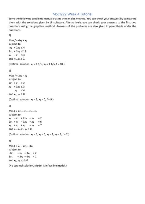 MSCI222 Week 4 Tutorial MSCI222 Week 4 Tutorial Solve The Following