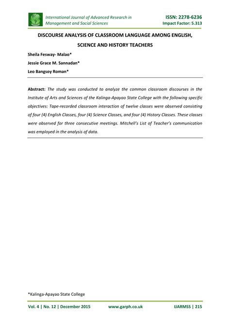 Pdf Discourse Analysis Of Classroom Language Among English Science