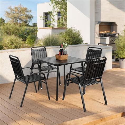 Tenleaf 5 Piece Black Metal Indoor Outdoor Dining Set Patio Table And