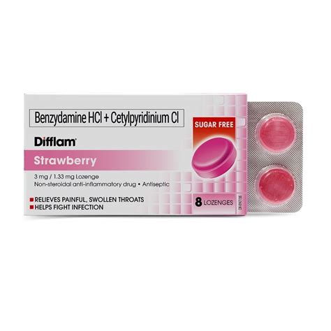 Difflam Benzydamine Hci Cetylpyridinium Cl 3mg133 Mg 8 Lozenges Strawberry Watsons