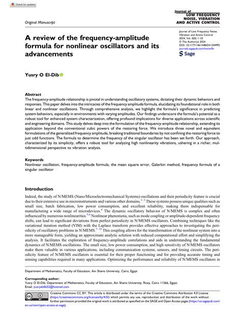 Pdf A Review Of The Frequency Amplitude Formula For Nonlinear Oscillators And Its Advancements