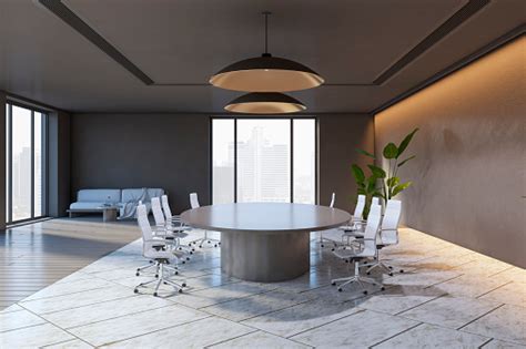 현대적인 어두운 회의실 인테리어는 가구 도시 전망과 일광이 있는 창문을 갖추고 있습니다 회의실 개념입니다 3d 렌더링 0명에 대한 스톡 사진 및 기타 이미지 Istock