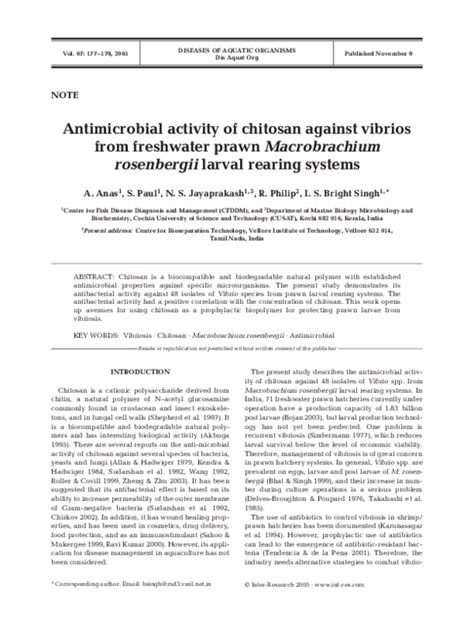 Pdf Antimicrobial Activity Of Chitosan Against Vibrios From Freshwater Prawn Macrobrachium