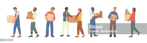 남자와 여자는 손에 상자를 들고 사무실로 이동 주택을 변경하거나 새로운 아파트 고립 평면 만화 문자를 구입 벡터 사람 및 종이 상자 소지품 배달 서비스 근로자 사람들에 대한