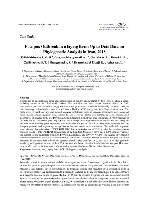 Pdf Fowl Pox Outbreak In A Layer Farm Update Data On Phylogenetic Analysis In Iran 2018