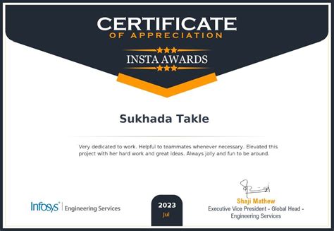 sukhada takle on linkedin infosys instaaward appreciation
